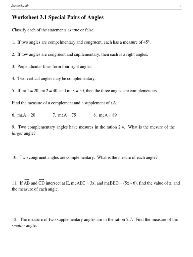 Worksheet 3.1 Special Pairs of Angles: Larger Angle? | PDF