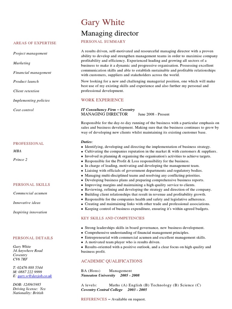 Managing Director CV Template | PDF | Strategic Management | Supply Chain
