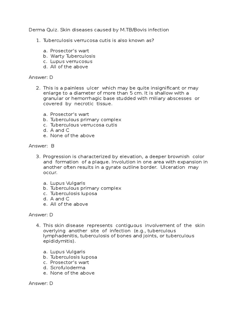 TB Skin Diseases Quiz | PDF | Tuberculosis | Medicine