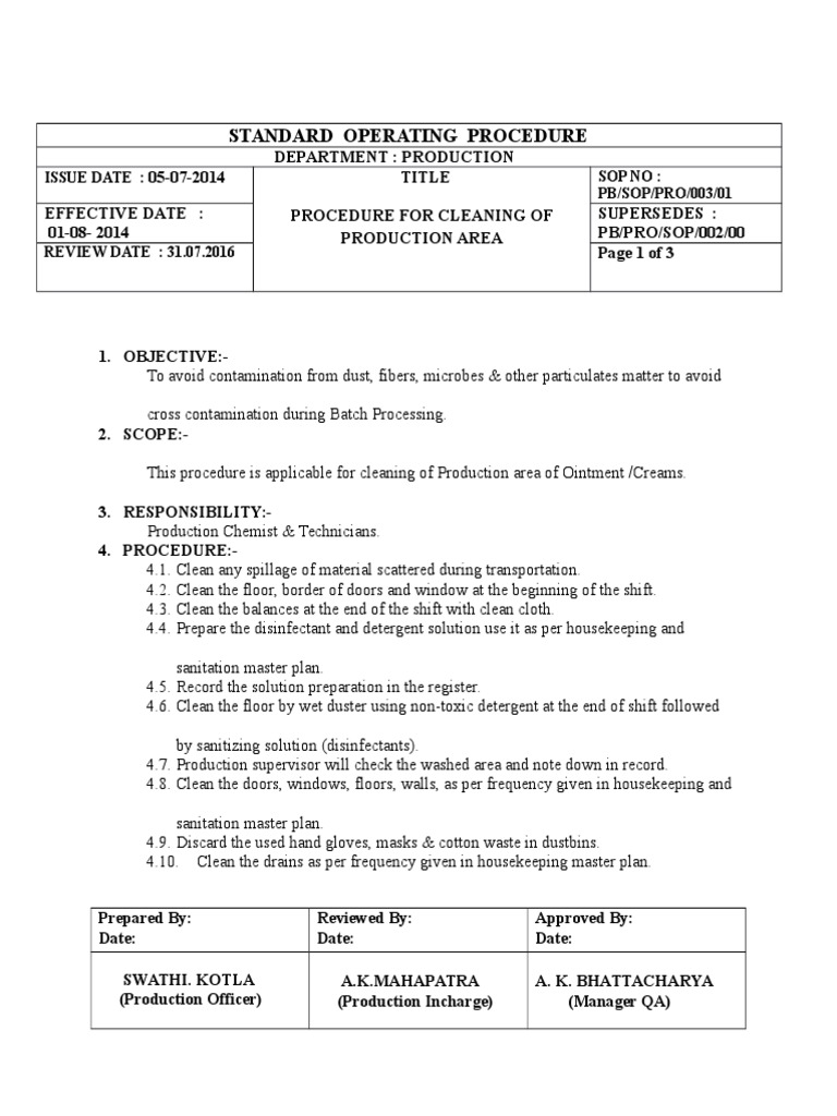 Procedure for Cleaning of Production Area