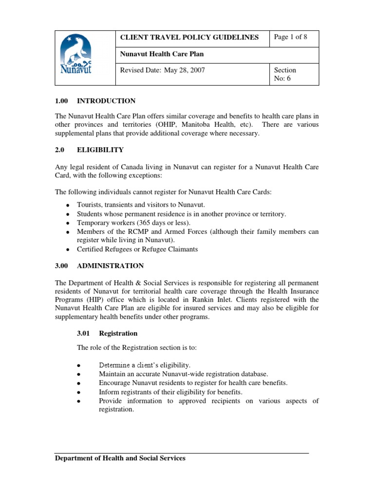 Client Travel Policy Guidelines Nunavut Health Care Plan | PDF | Birth ...