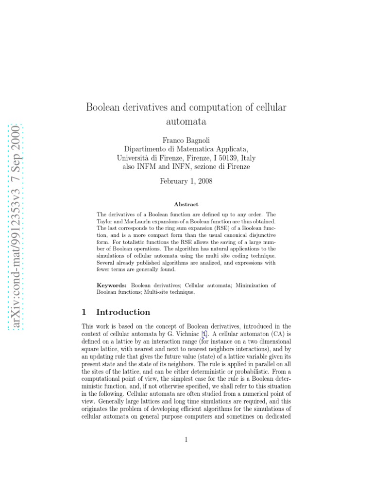Boolean Derivatives and Computation of Cellular Automata | PDF | Boolean Algebra | Teaching ...