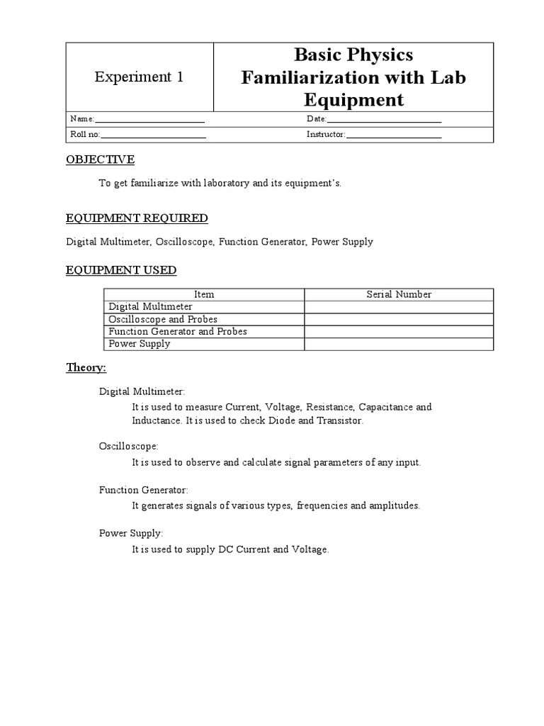 Basic Physics Familiarization With Lab Equipment: Experiment 1 | PDF