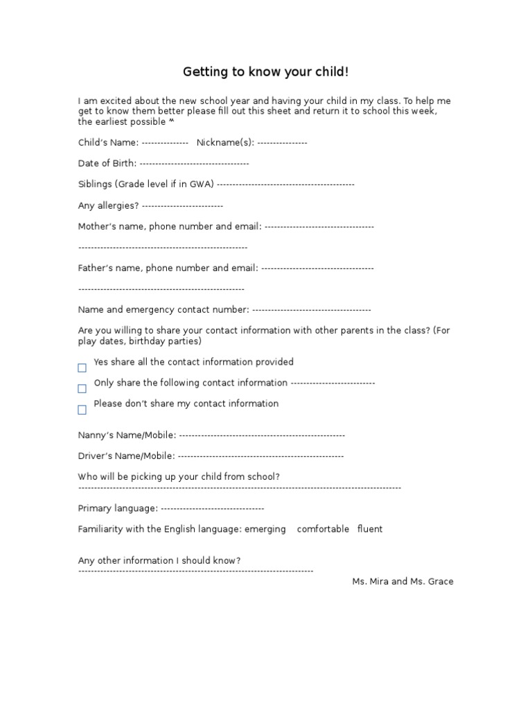 Getting To Know Your Child 2016-17 | PDF