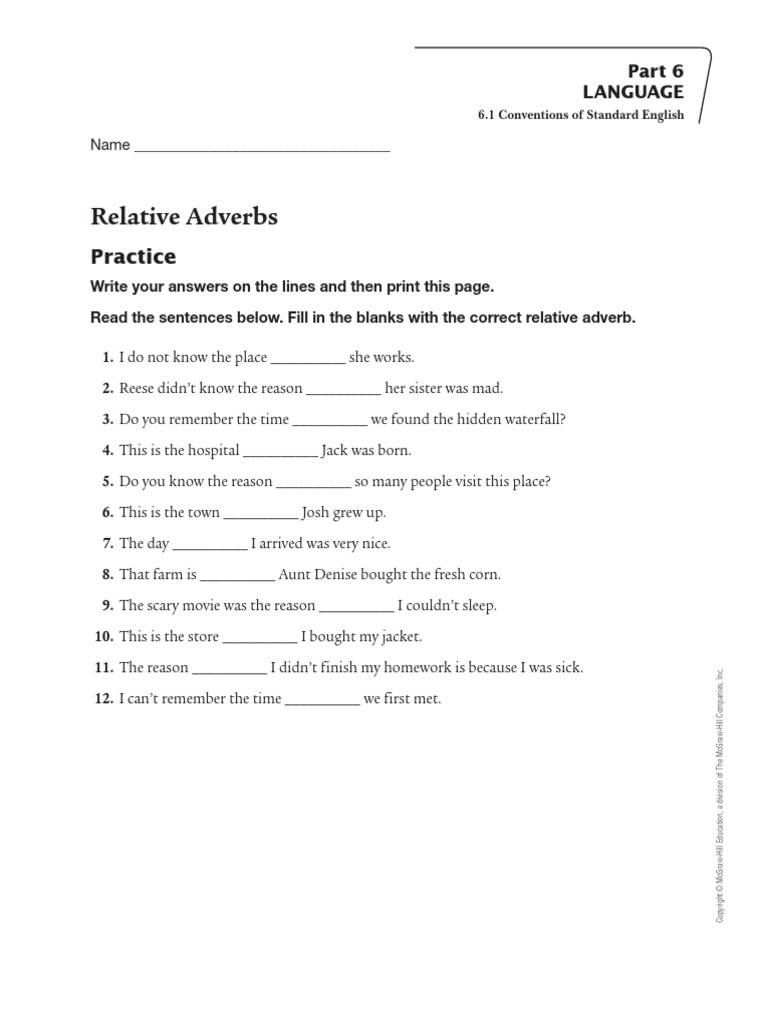Relative Adverbs Exercises | PDF