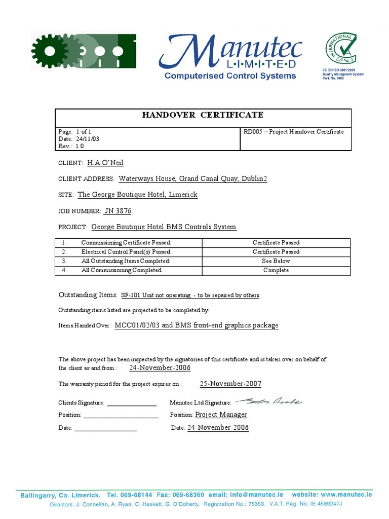 Handover Certificate