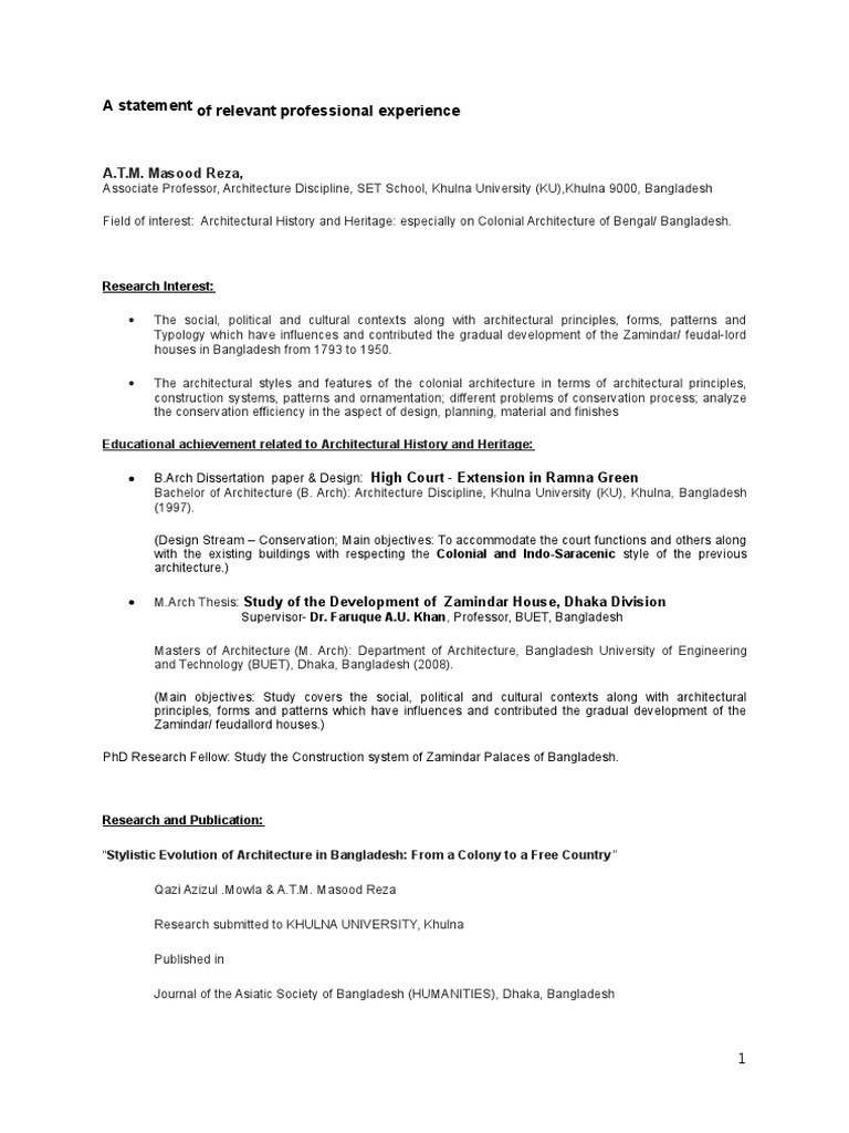 A Statement of Relevant Professional Experience | PDF | Bangladesh | Thesis