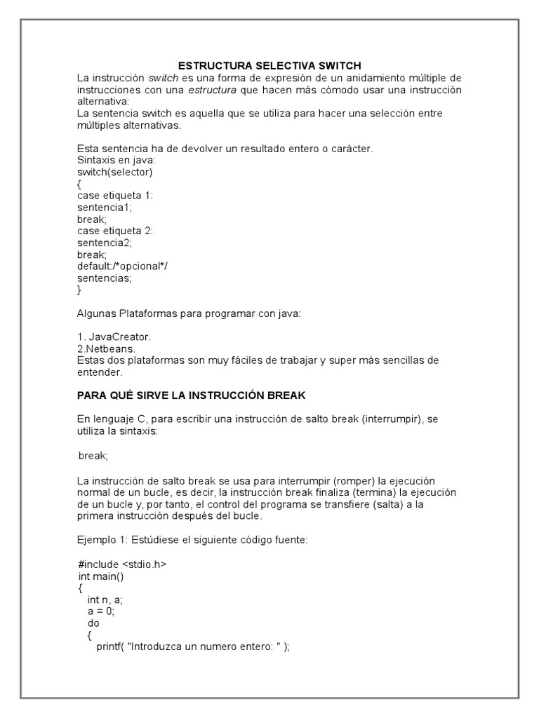 Estructura Selectiva Switch | PDF | Java (lenguaje de programación) | Lenguaje de programación