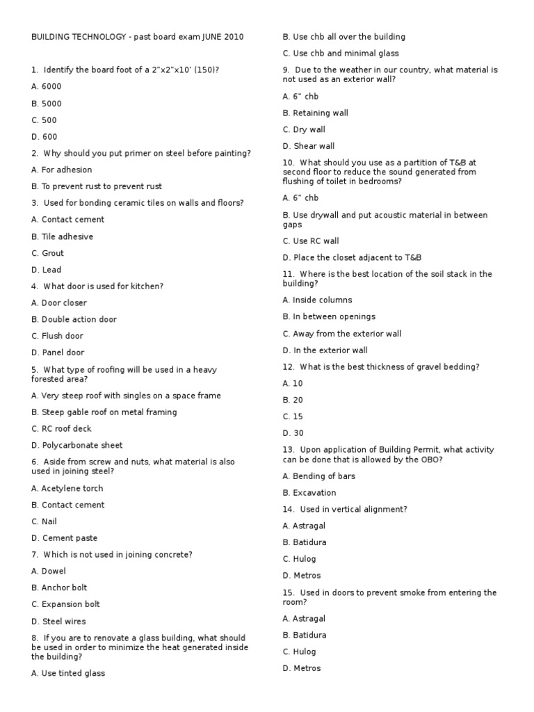 Building Technology Exam Review 2010 | PDF | Framing (Construction) | Door