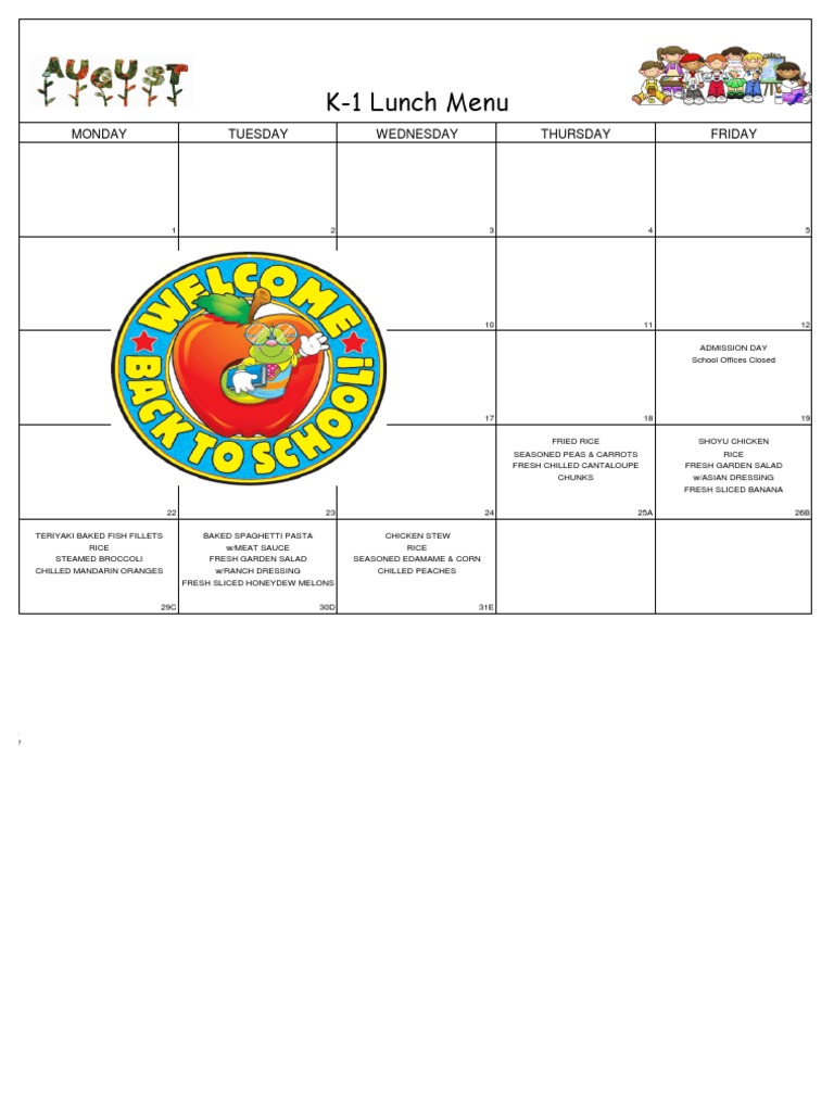 K-1 Lunch Menu: Monday Tuesday Wednesday Thursday Friday | PDF