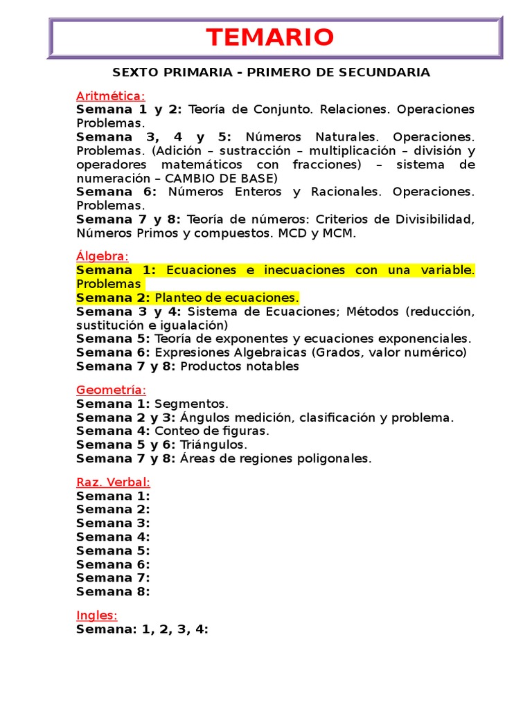Temario de Matematica | Álgebra | Aritmética