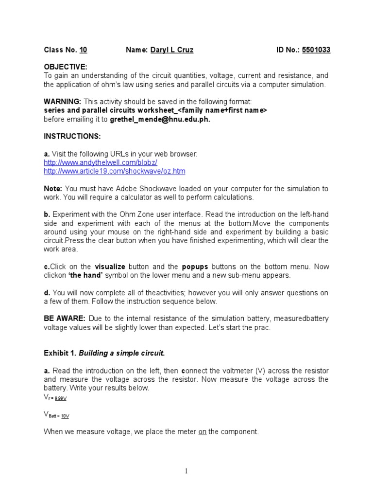 Series and Parallel Circuits Worksheet | PDF | Series And Parallel ...
