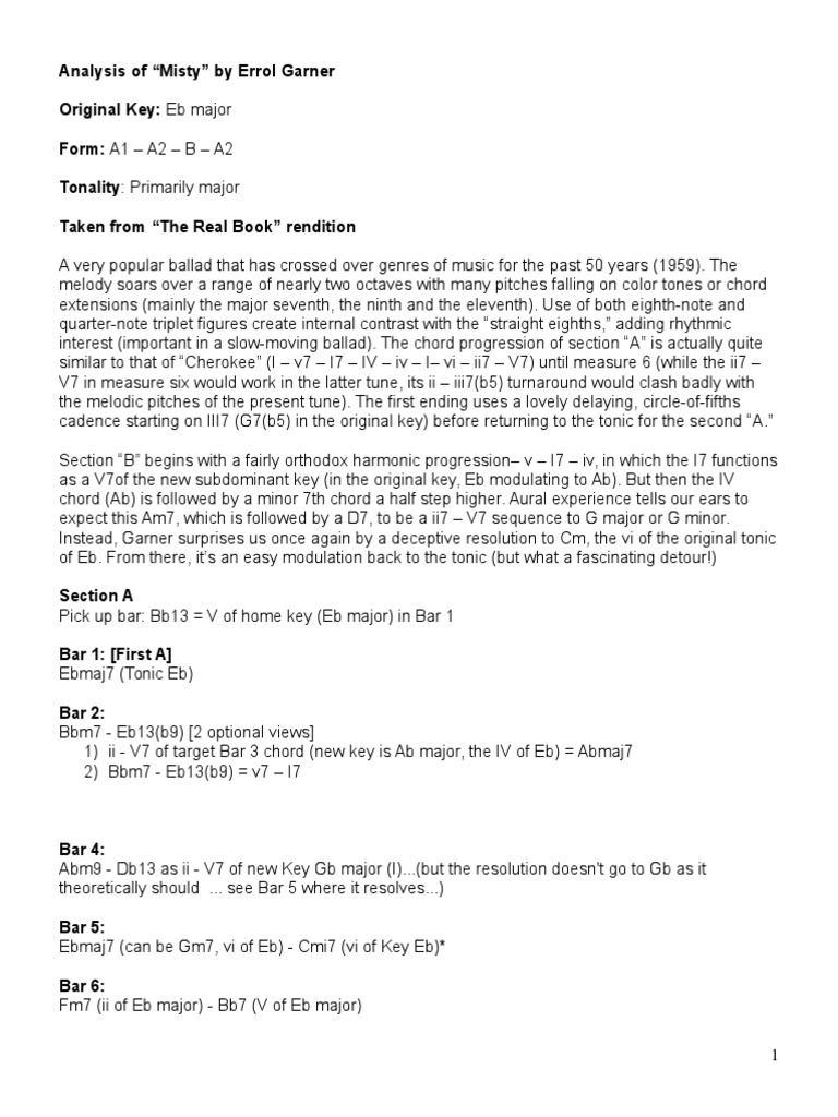 Analysis of Misty (Errol Garner) | PDF | Chord (Music) | Musical Scales