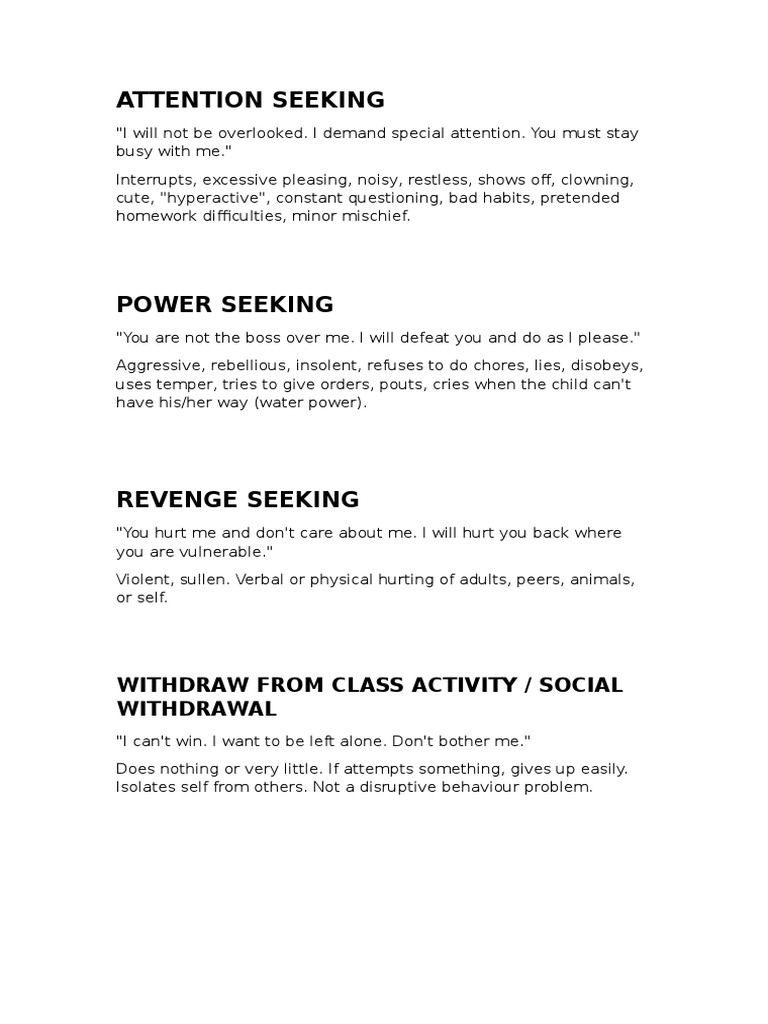 Attention Seeking: Withdraw From Class Activity / Social Withdrawal | PDF