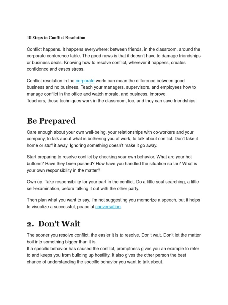 10 Steps To Conflict Resolution | PDF | Body Language | Compassion