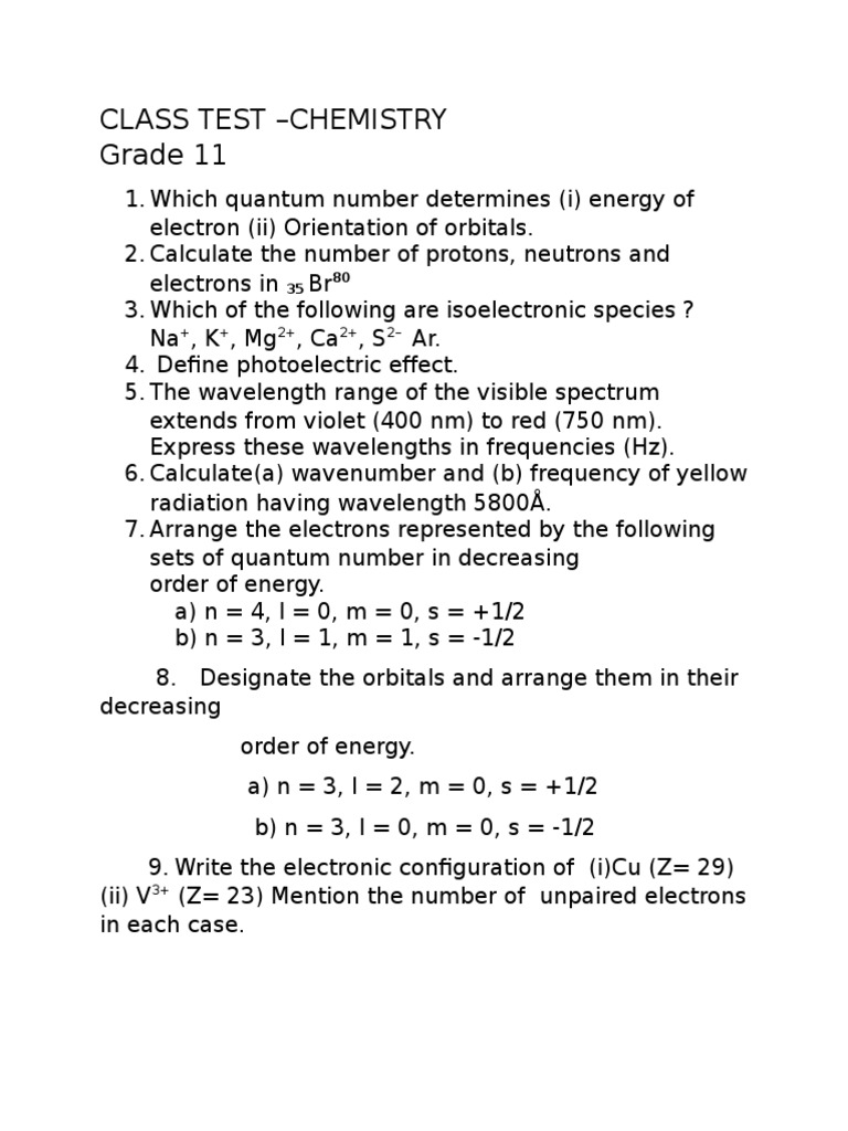 Class Test - Chemistry Grade 11 | PDF