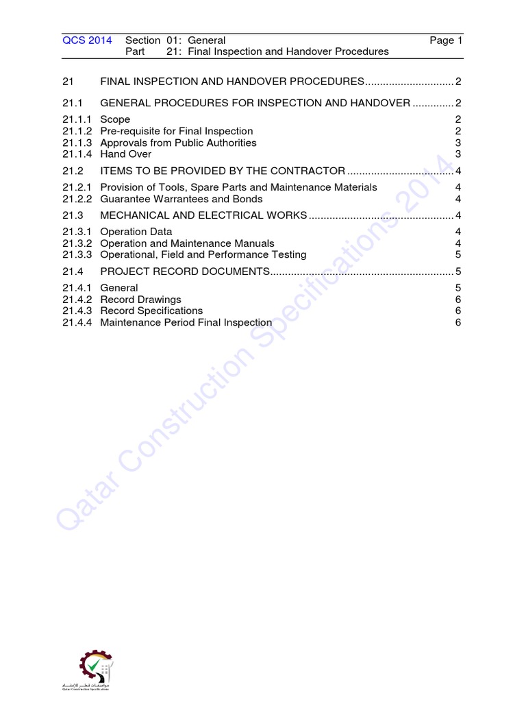 01-21 QCS 2014 | PDF | Specification (Technical Standard) | General Contractor