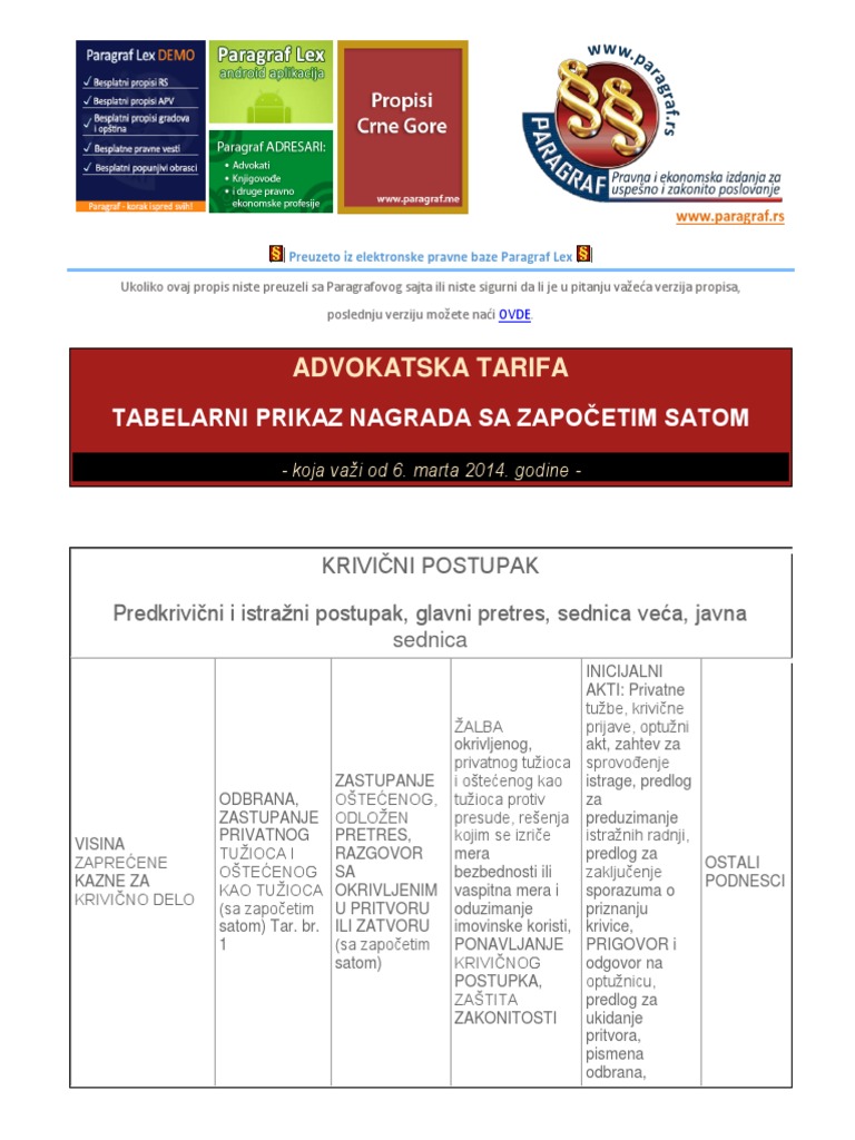 Advokatska Tarifa Tabelarni Prikaz Nagrada Sa Zapocetim Satom | PDF