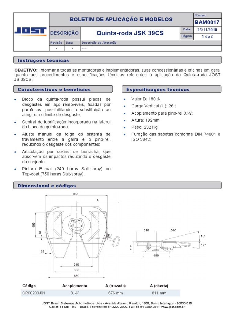 09122011-181756 - JOST Boletim de Aplicacao e Modelos JSK 39CS | PDF