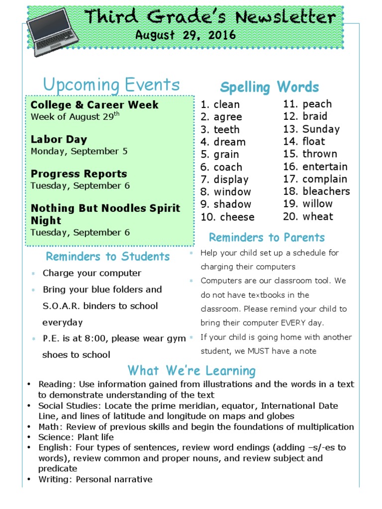 Newsletter Template August 29 | PDF | Sentence (Linguistics) | Homework