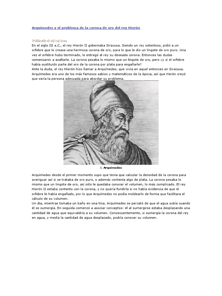 Arquímedes y El Problema de La Corona de Oro Del Rey Hierón | PDF ...