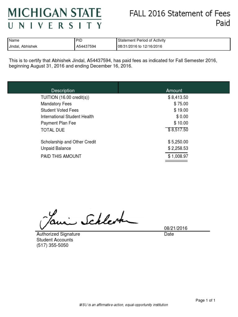 Abhishek Jindal's Fall 2016 Fee Statement from Michigan State ...