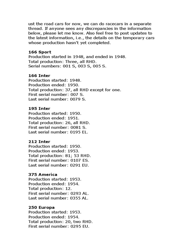 Ferrari Production Numbers Overview | PDF | Rear Wheel Drive Vehicles ...