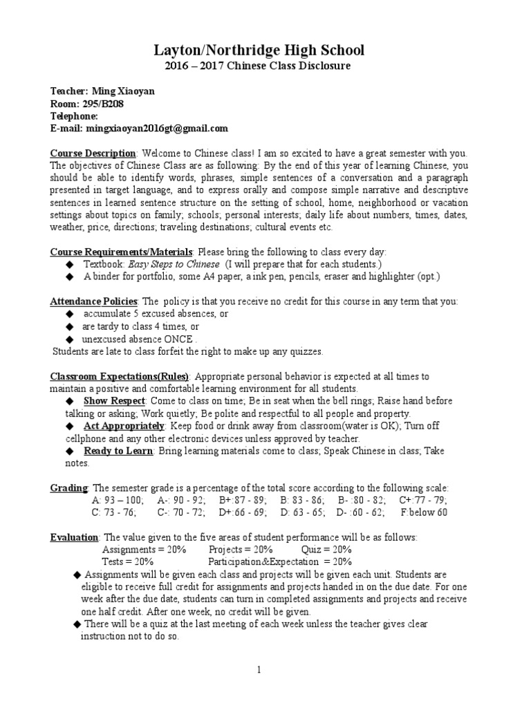 Layton/Northridge High School: 2016 - 2017 Chinese Class Disclosure ...