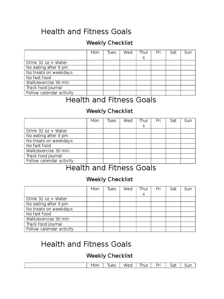 Health and Fitness Goals Weekly Checklist | PDF