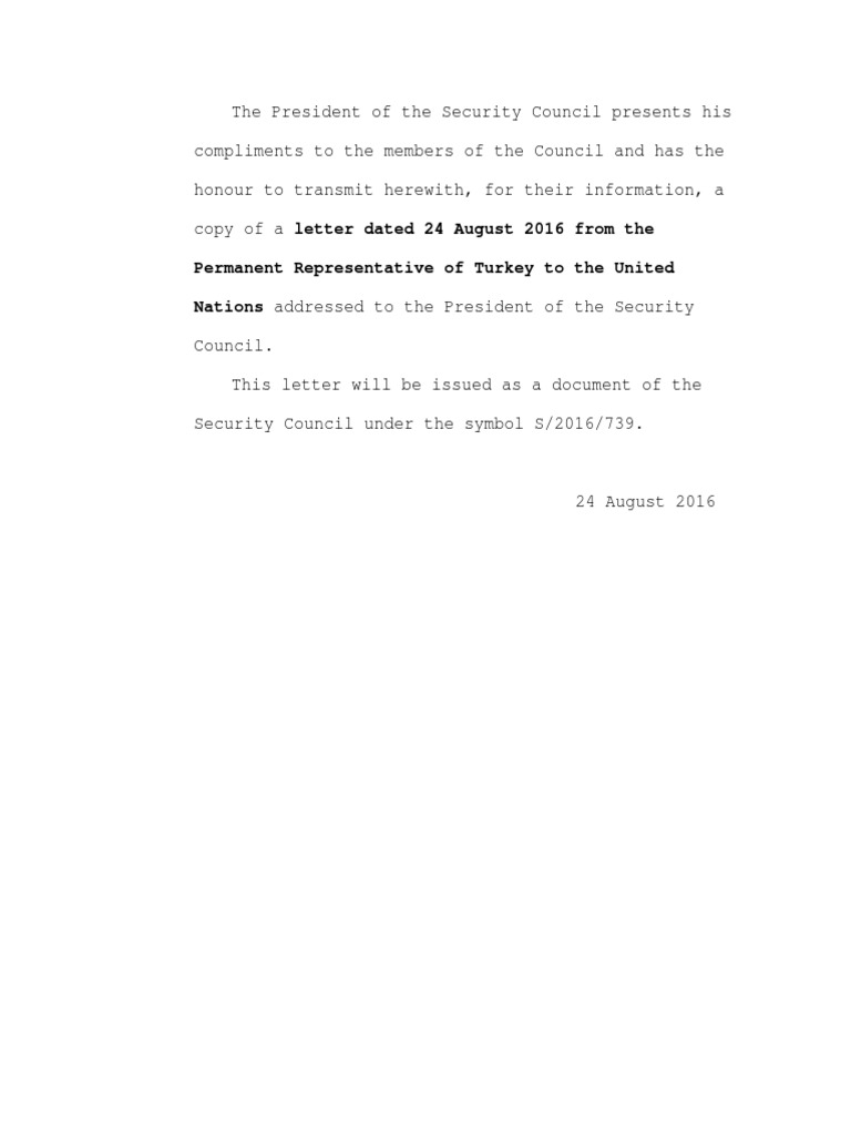 Turkey's Letter To UNSC On Its Military Operation in Syria, August 24 ...
