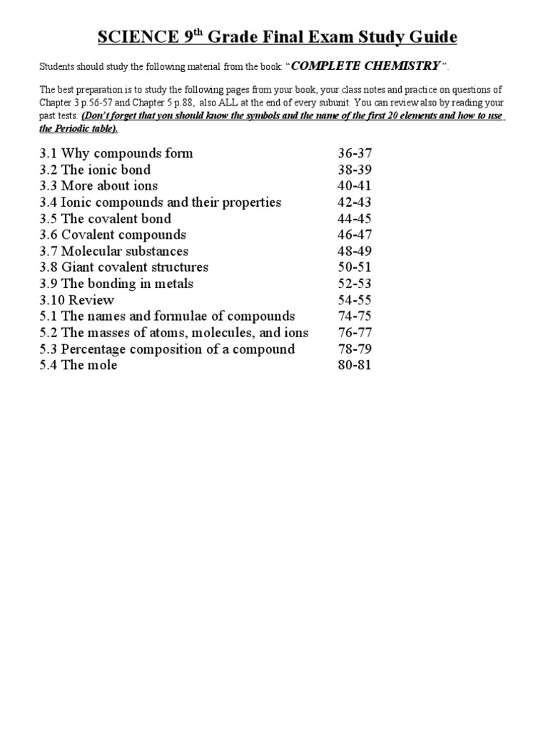9th Grade Science Final Exam Guide | PDF