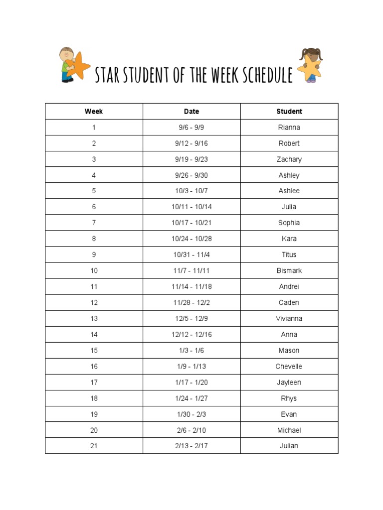 Star Student Weekly Schedule | PDF