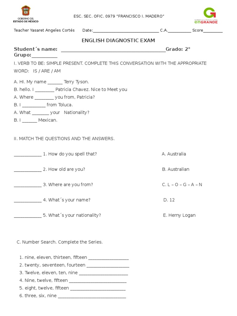English Diagnostic Exam 2nd Grade
