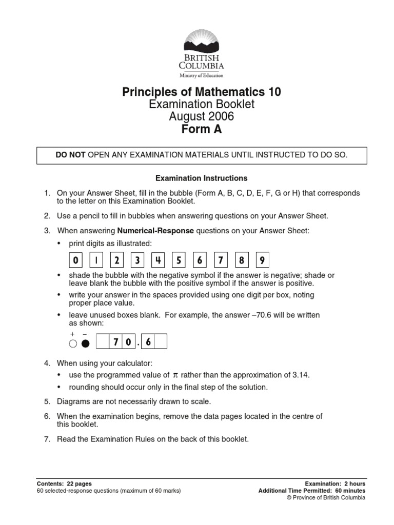Principles of Mathematics 10: Examination Booklet August 2006 | PDF ...