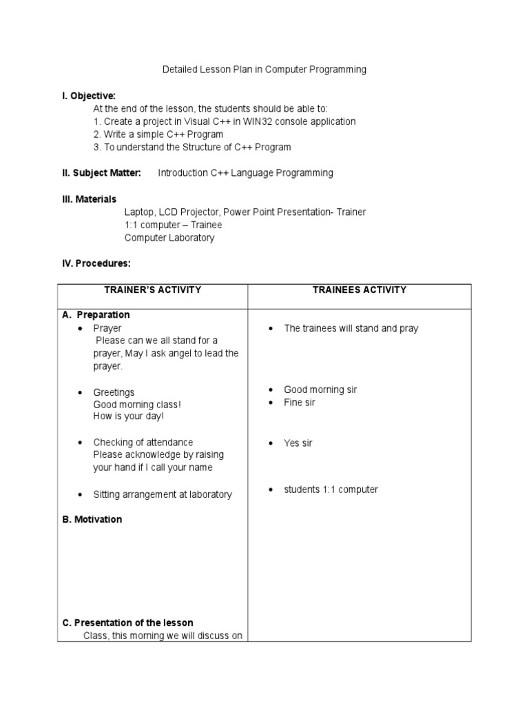 Detailed Lesson Plan in Introduction To Programming C | PDF | Graphical User Interfaces ...