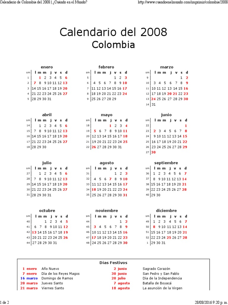 Calendario 2008 con Festivos en Colombia | PDF | Métodos y materiales ...
