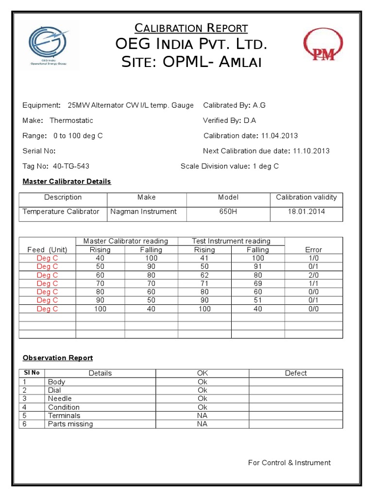 Calibration Report for OEG India | PDF | Calibration | Engineering