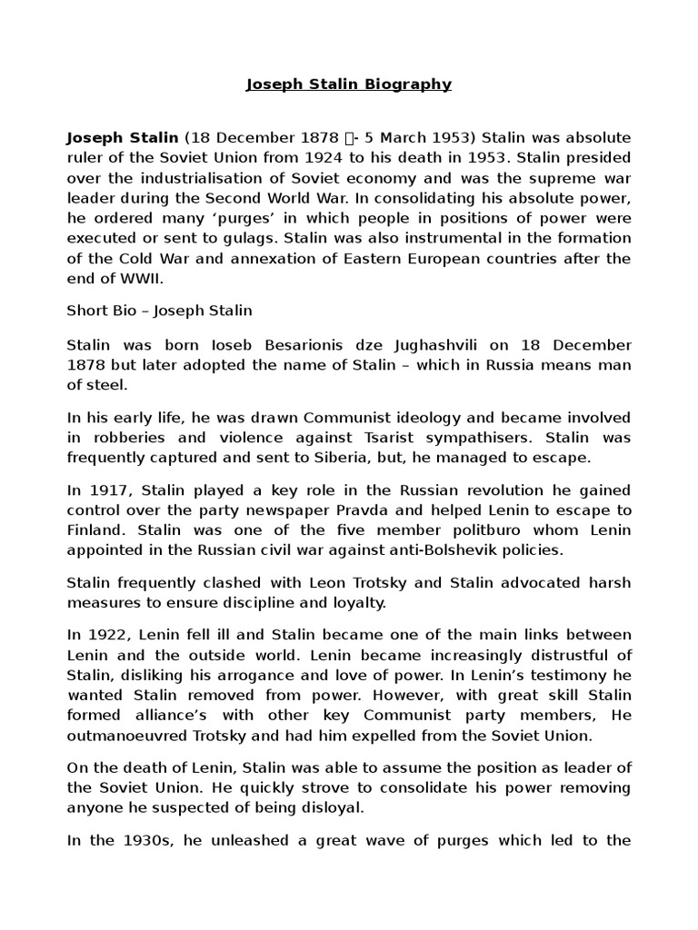 Joseph Stalin Biography | PDF | Joseph Stalin | Vladimir Lenin