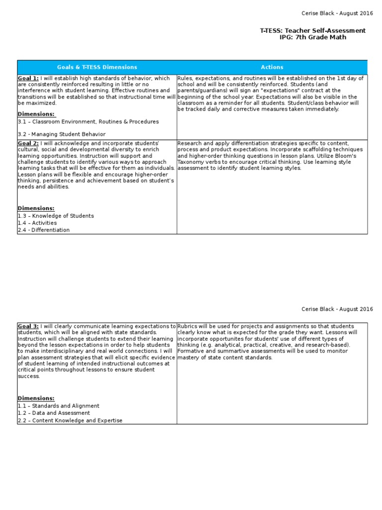 T-TESS Goals and Self-Assessment Guide | PDF | Educational Assessment ...