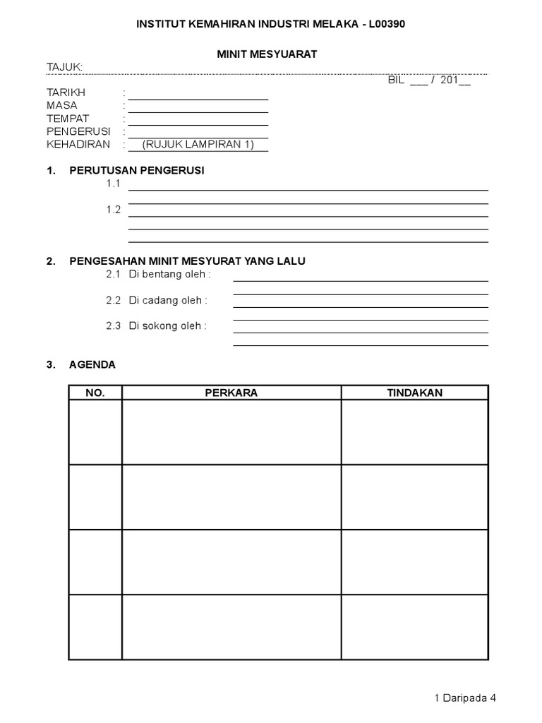 Format Minit Mesyuarat (Template) | PDF