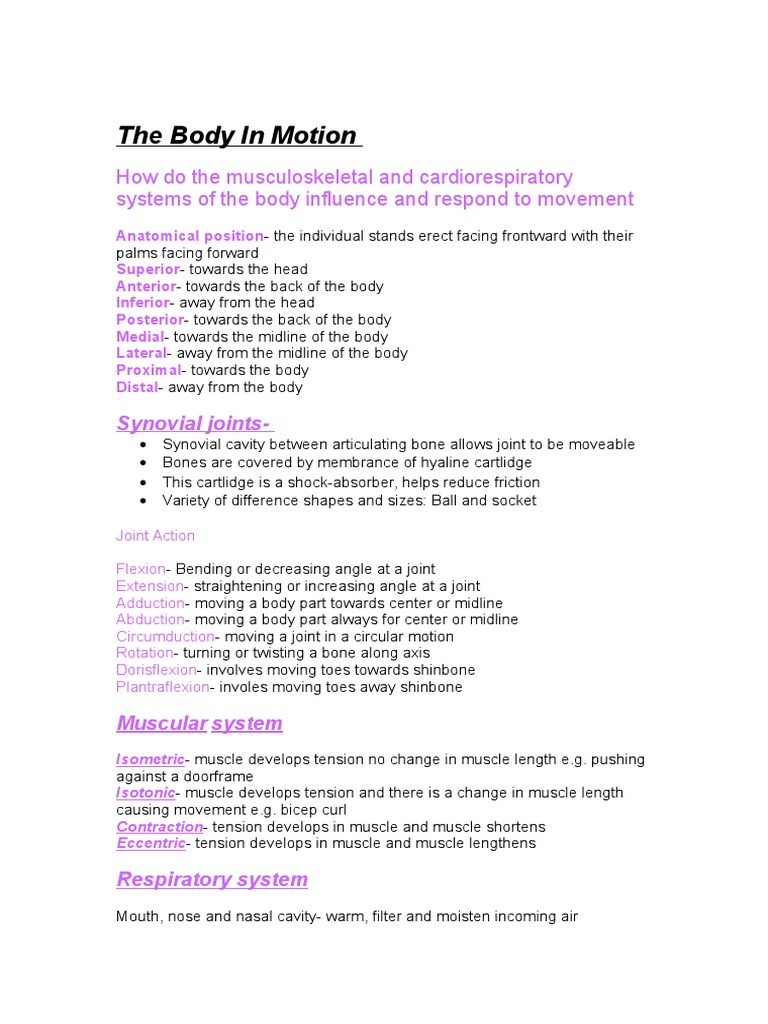 Body in Motion Study Notes | PDF | Anatomical Terms Of Motion | Lung