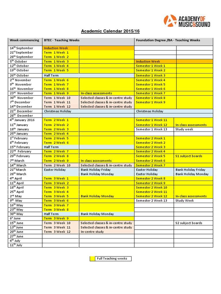 Academic Calendar 2015/16: Week Commencing BTEC - Teaching Weeks ...