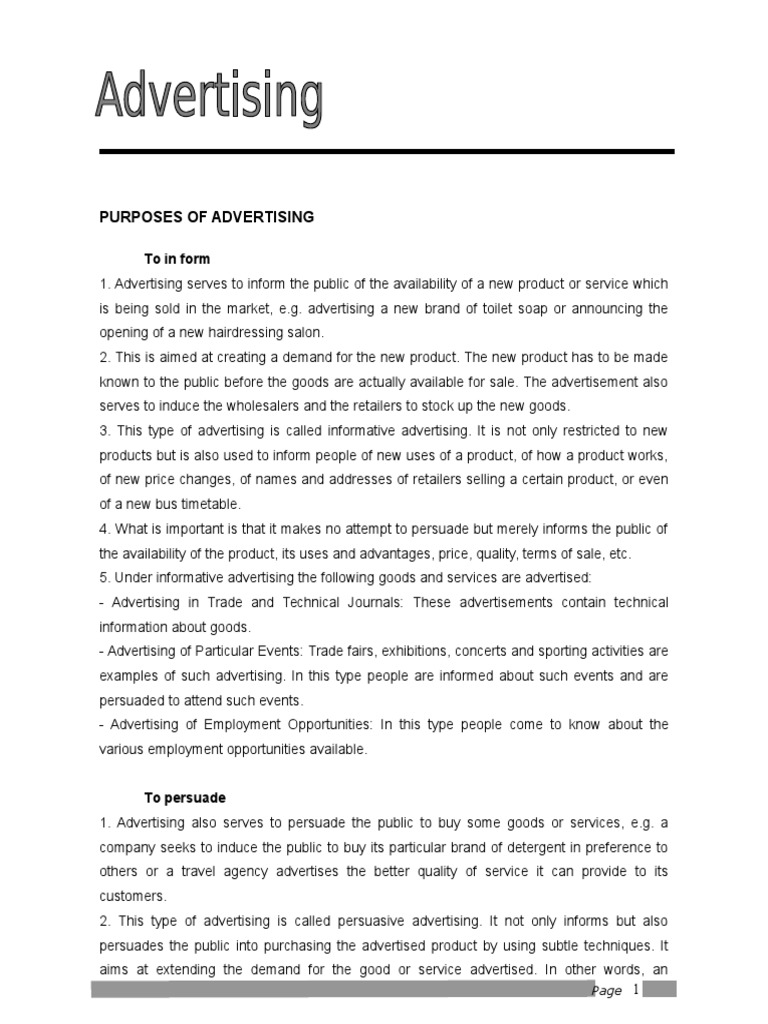 Purposes of Advertising: To in Form | Download Free PDF | Advertising ...