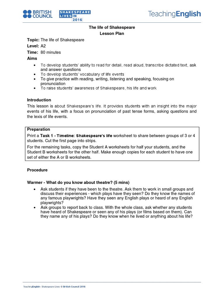 Shakespeare's Life: A Lesson Plan | PDF | Lesson Plan | William Shakespeare