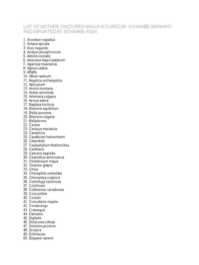 Schwabe Mother Tinctures List | PDF