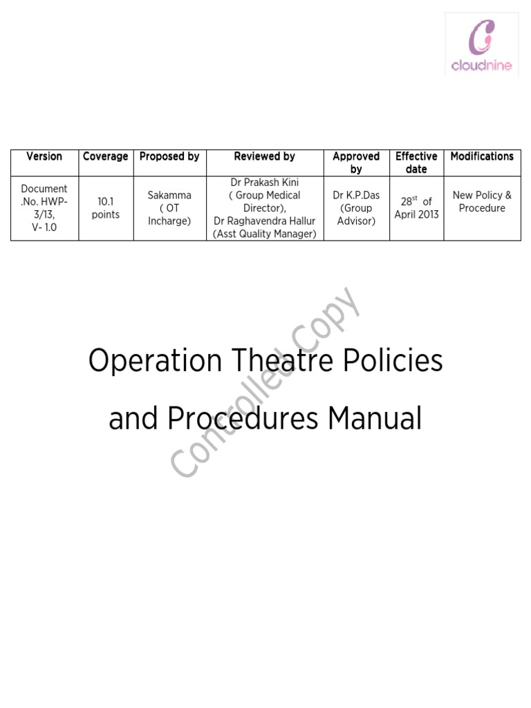 Operation Theater Policies and Procedures Manual | Surgery | Anesthesia