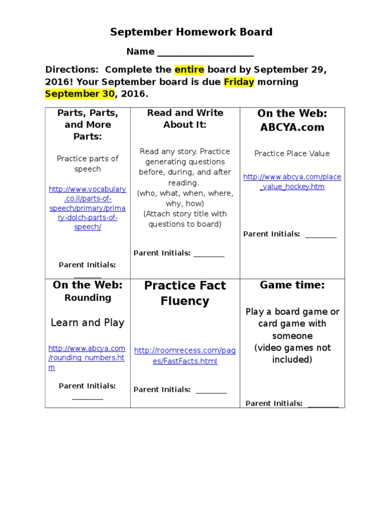 September Homework Board | PDF | Language Arts & Discipline