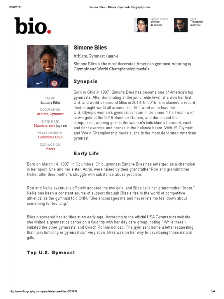 Simone Biles - Athlete Gymnast - Biography | PDF | Simone Biles ...