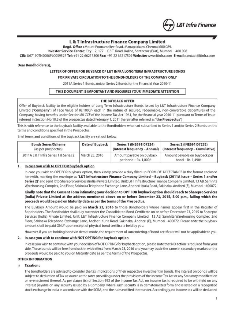 Bondholder Buyback Offer Notice | PDF | Bonds (Finance) | Money