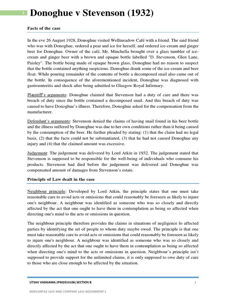 Donoghue V Stevenson (1932) : Facts of The Case | PDF | Negligence | Duty Of Care